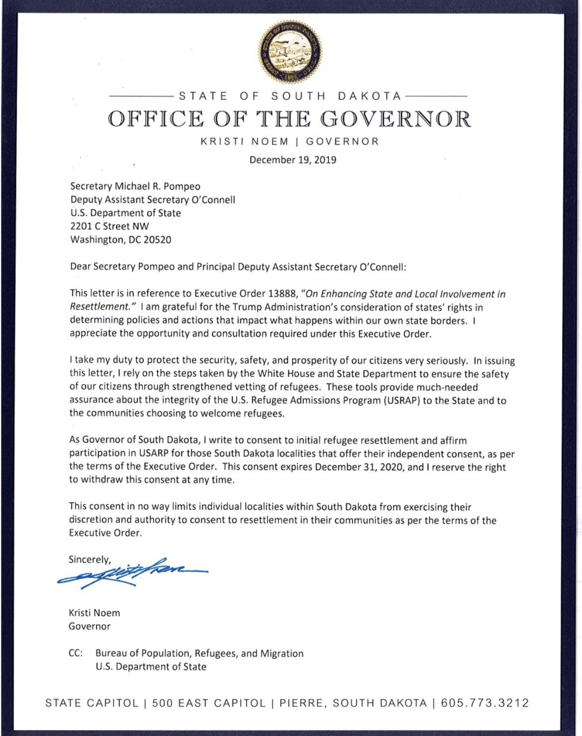 In '19, as Governor of SD, Kristi Noem begged the Feds to send her as ...